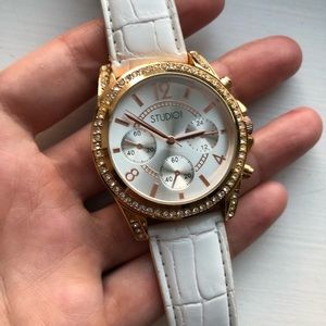 Studio Time | Accessories | Rose Gold White Leather Studio Time Watch ...